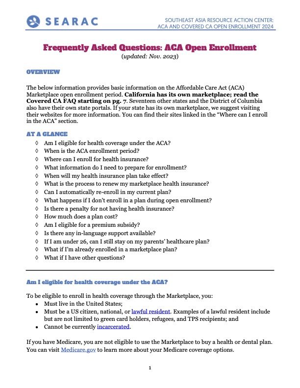 Frequently Asked Questions: ACA and Covered CA Open Enrollment 2024 ...